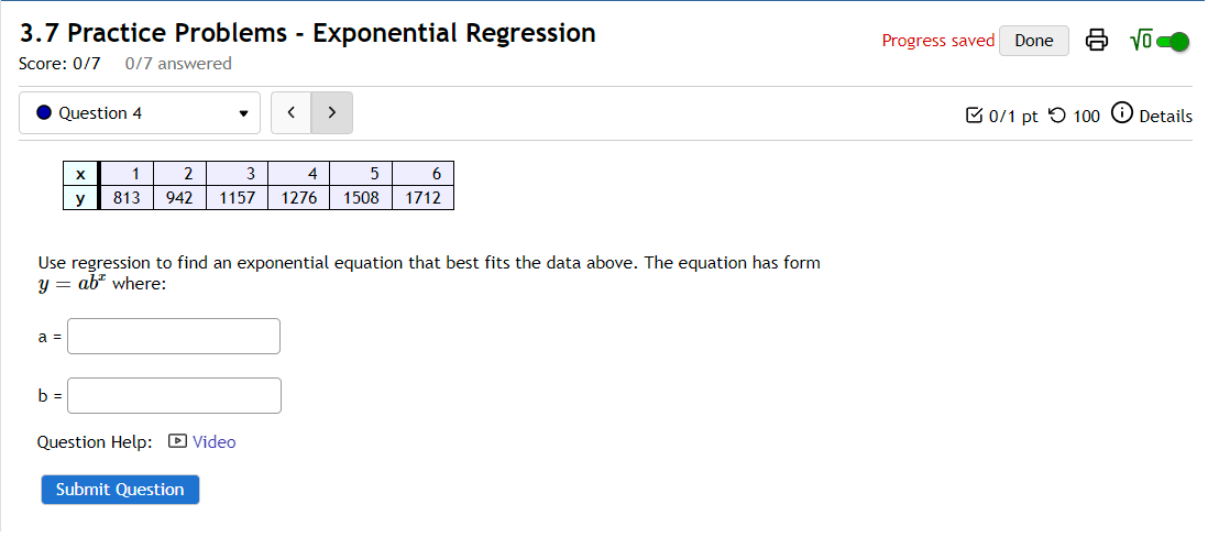 Solved 3.7 Practice Problems - Exponential Regression Score: | Chegg.com
