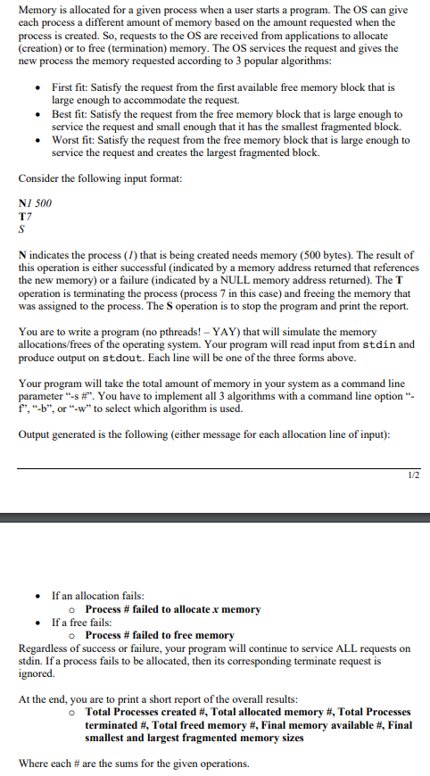 Memory is allocated for a given process when a user | Chegg.com