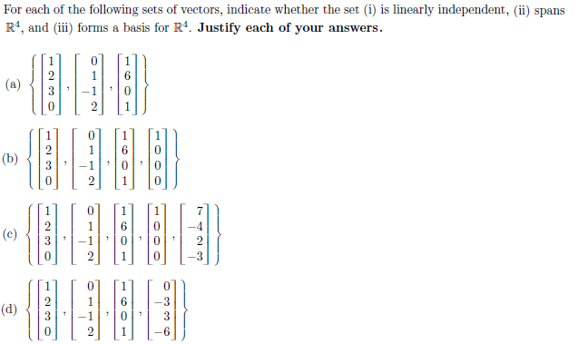 Solved For each of the following sets of vectors, indicate | Chegg.com