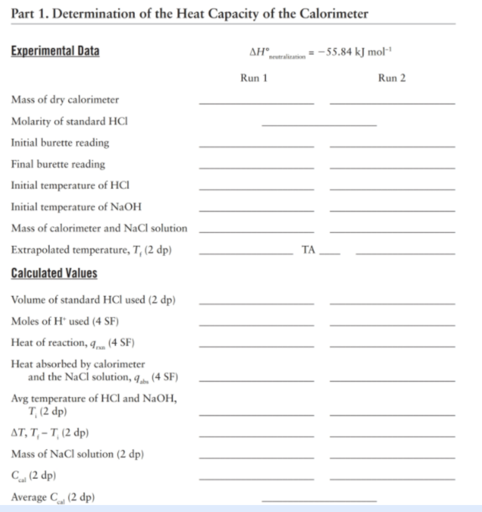 PART 1. DETERMINATION OF THE HEAT CAPACITY OF THE | Chegg.com
