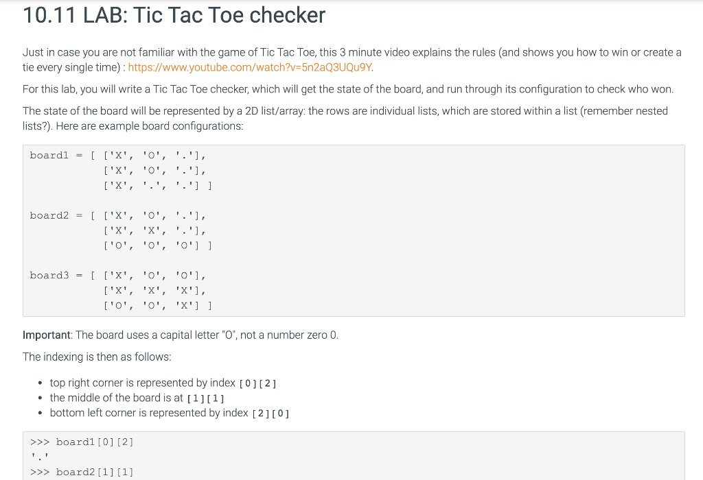 Solved 10.11 LAB: Tic Tac Toe checker Just in case you are | Chegg.com