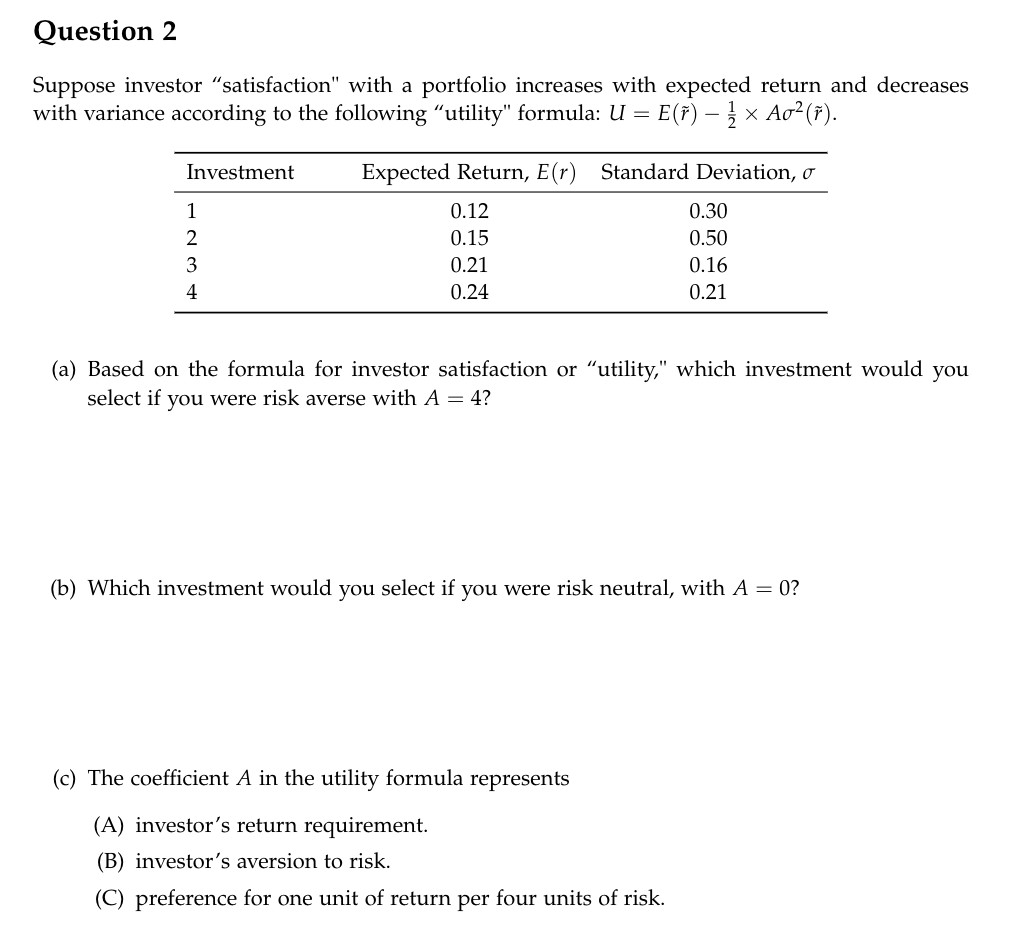 Solved Suppose investor “satisfaction" ﻿with a portfolio | Chegg.com