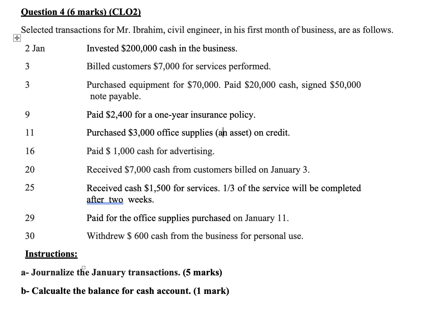 Solved Question 4 (6 marks) (CLO2) Selected transactions for | Chegg.com