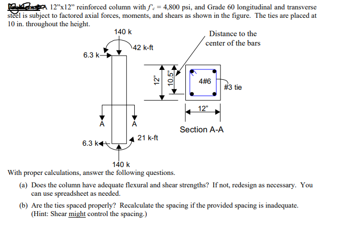 Solved 12"x12" " reinforced column with fc′=4,800psi, and | Chegg.com