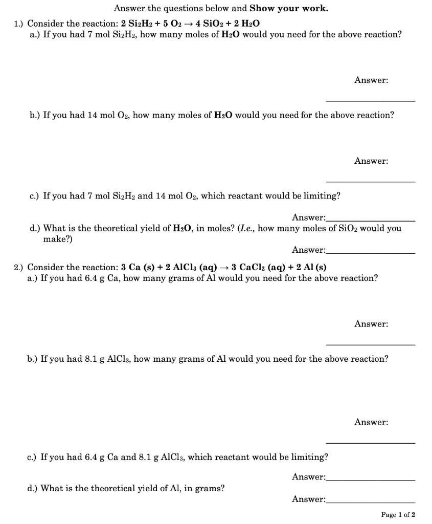 Solved Answer the questions below and Show your work. 1.) | Chegg.com