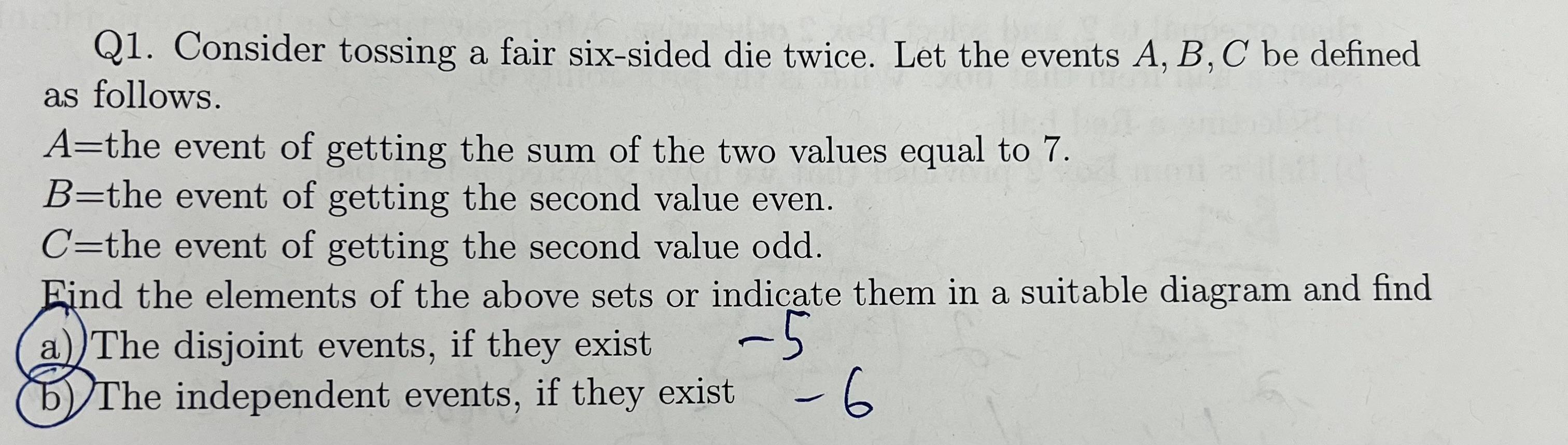 Solved Q1. Consider tossing a fair six-sided die twice. Let | Chegg.com