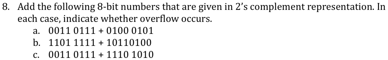 Solved 8. Add the following 8-bit numbers that are given in | Chegg.com