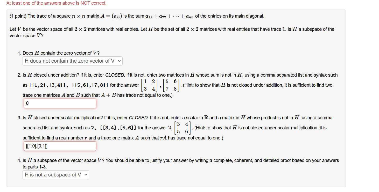 Solved (1 point) The trace of a square n×n matrix A=(aij) is | Chegg.com