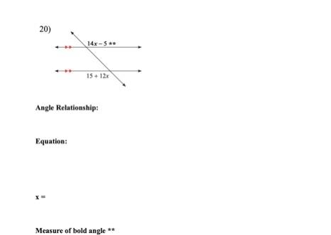 Solved 20) 14x - 5** 15 +12 Angle Relationship: Equation: | Chegg.com