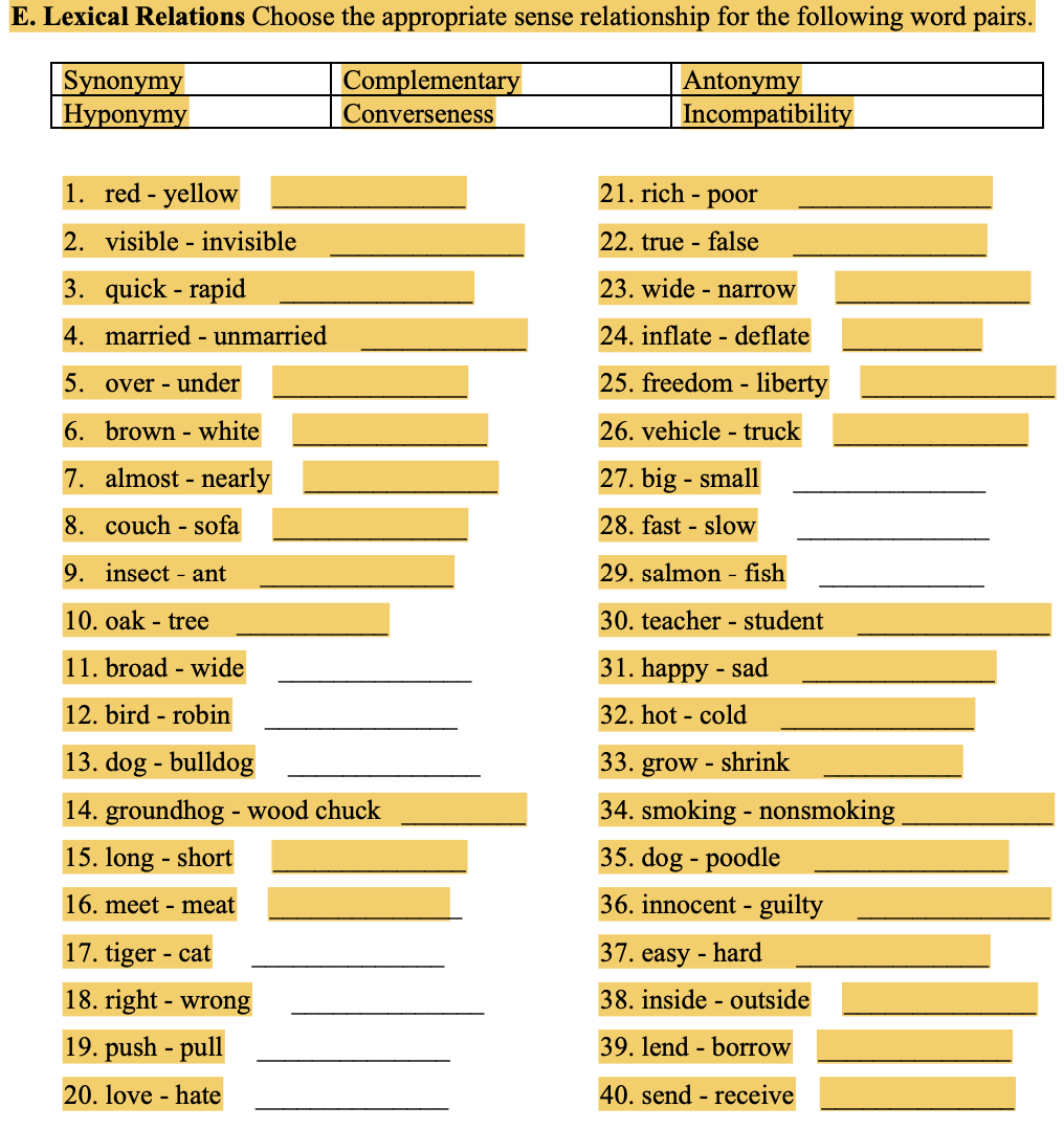 Solved E. Lexical Relations Choose the appropriate sense | Chegg.com