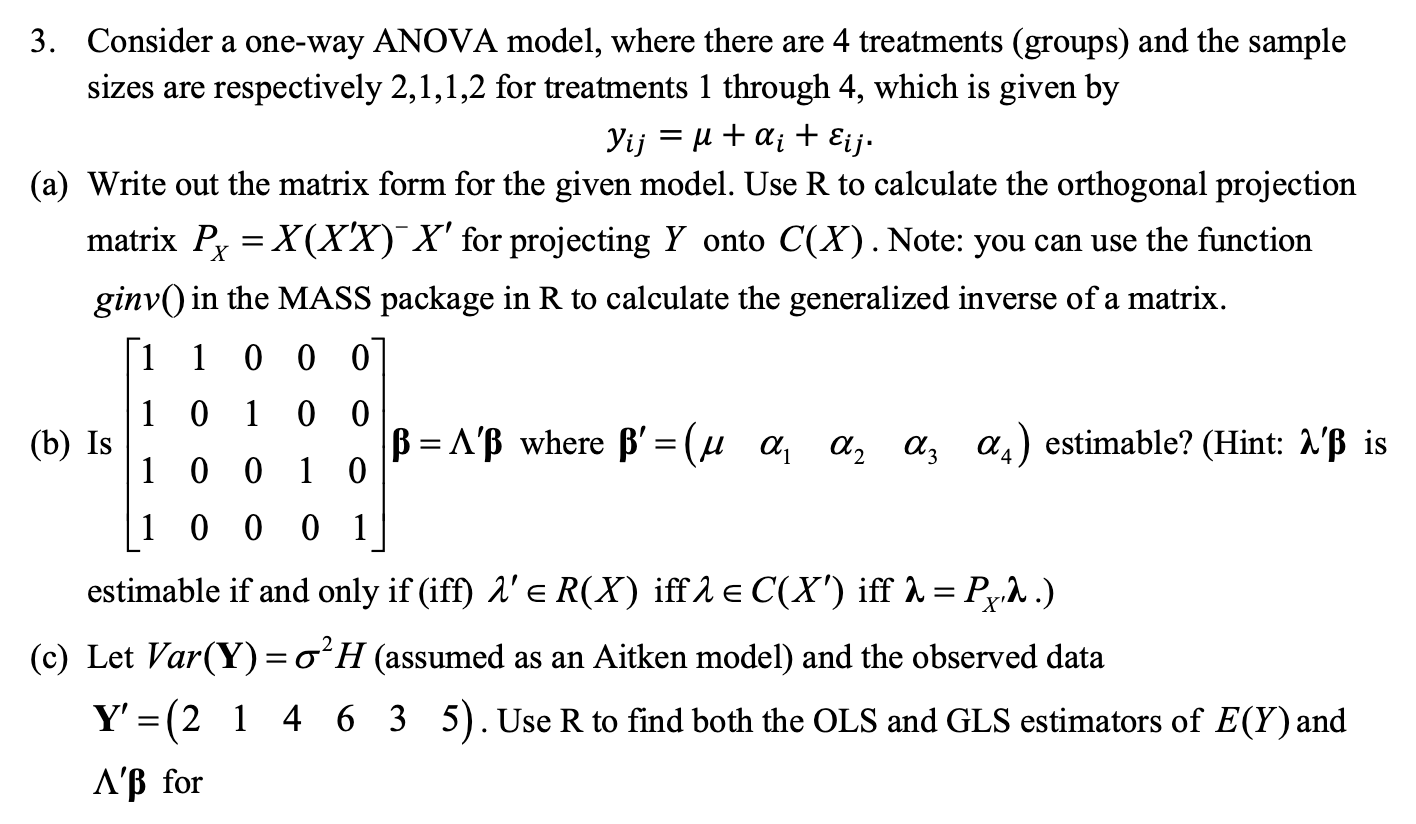 3. Consider a one-way ANOVA model, where there are 4 | Chegg.com