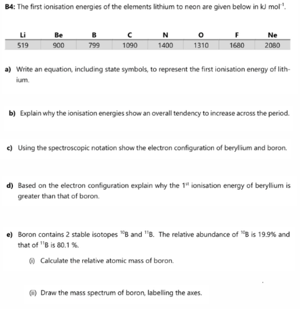 Solved B4: The first ionisation energies of the elements | Chegg.com