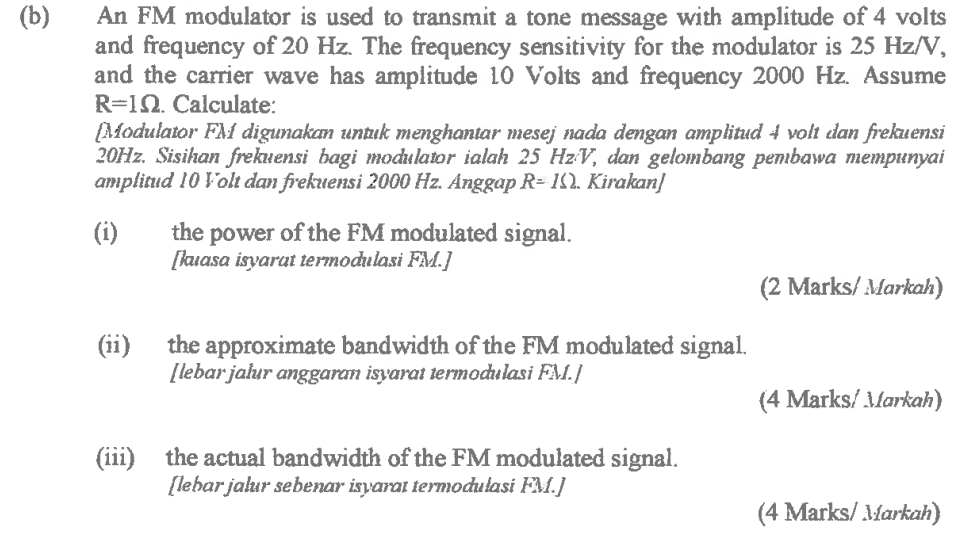 Solved An FM modulator is used to transmit a tone message | Chegg.com