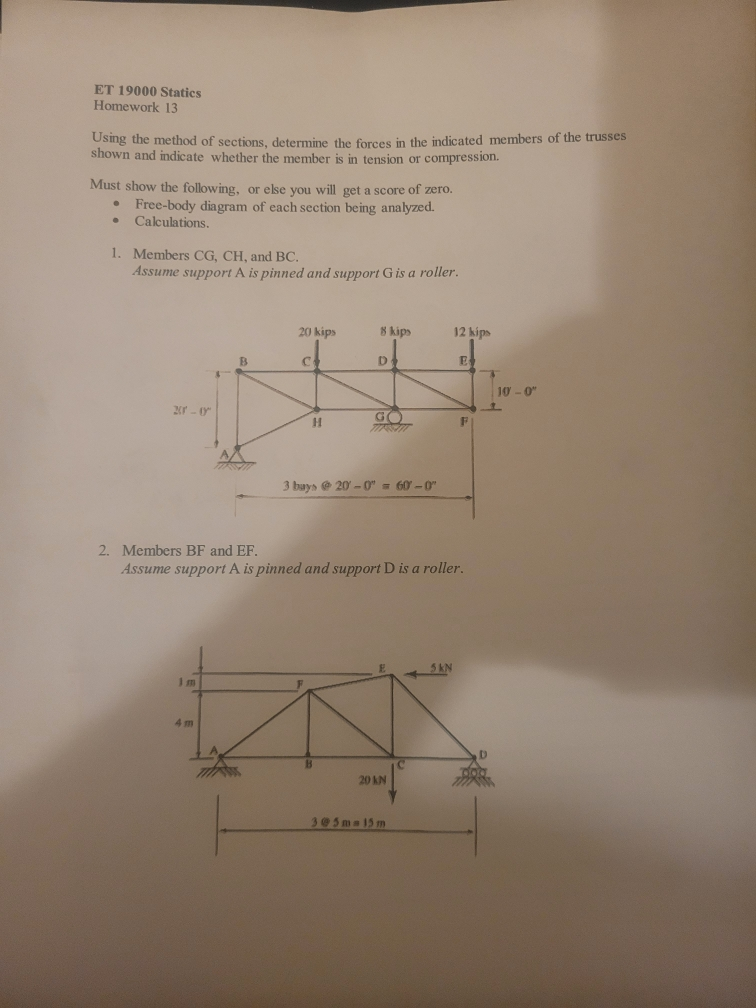 Solved ET 19000 Statics Homework 13 Using the method of | Chegg.com