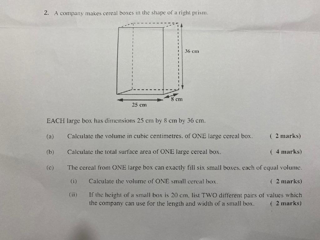 Solved 2. A company makes cereal boxes in the shape of a | Chegg.com