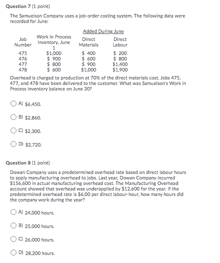 Solved Question 7 (1 point) The Samuelson Company uses a | Chegg.com