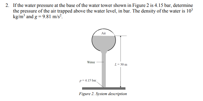 Solved 2. If the water pressure at the base of the water | Chegg.com