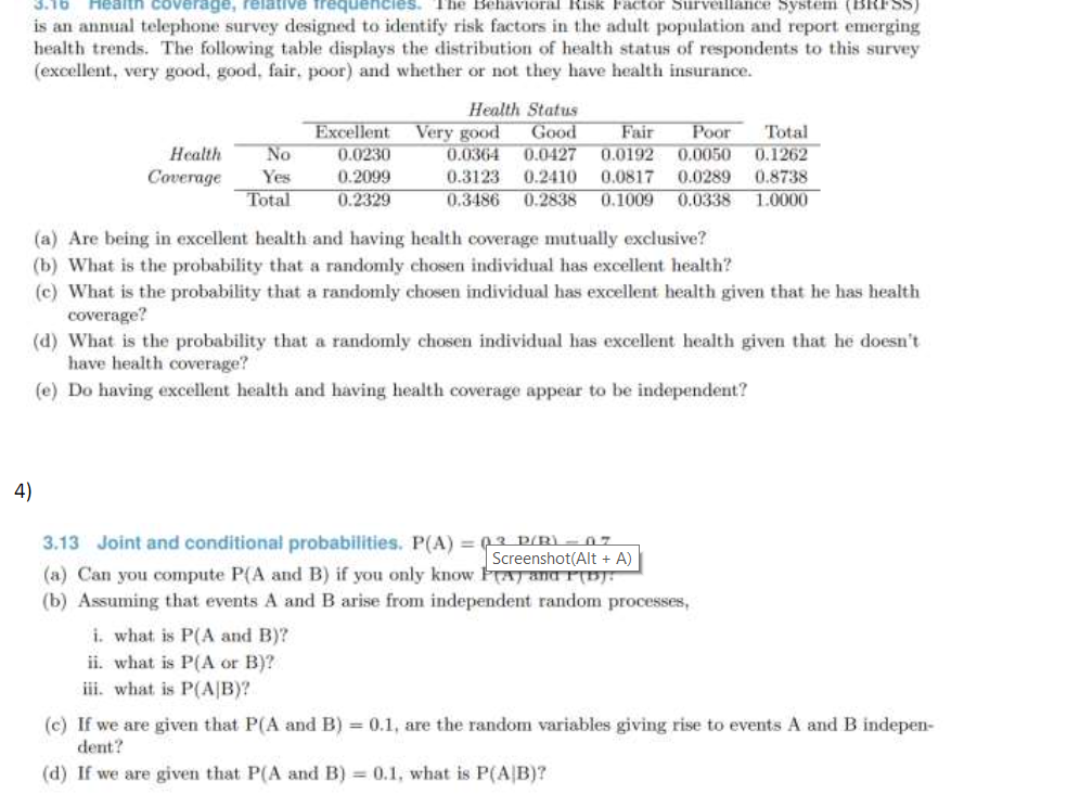 Solved 3.16 Health coverage, relative frequencies. The | Chegg.com