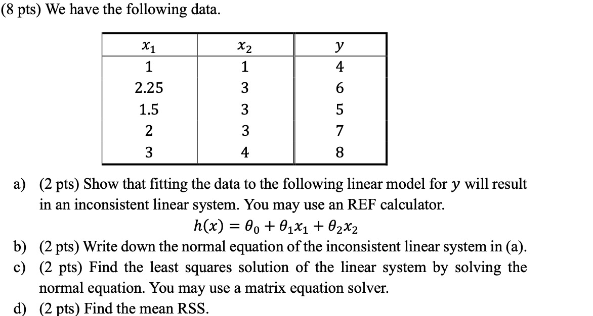Solved ( 8pts) We have the following data. a) (2pts) Show | Chegg.com