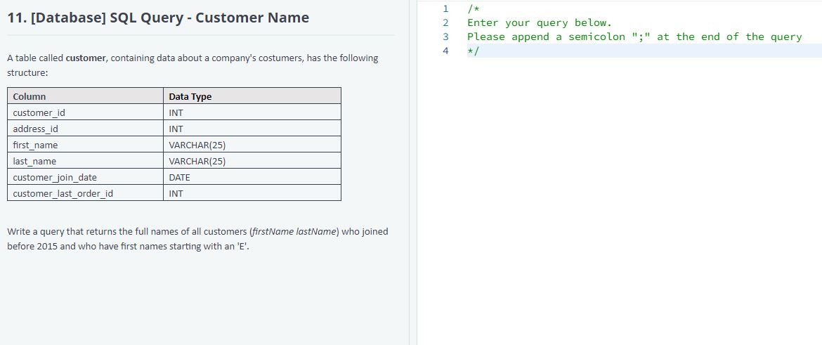 Solved 11. [Database] SQL Query - Customer Name 1 2 /* Enter | Chegg.com