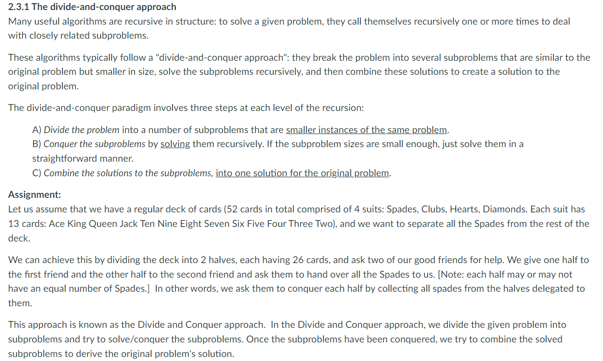 Solved 2.3.1 The divide-and-conquer approach Many useful | Chegg.com