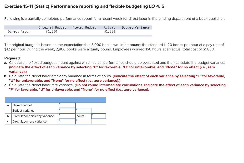 Solved Exercise 15-11 (Static) Performance reporting and | Chegg.com
