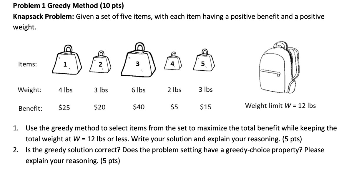 Solved Problem 1 Greedy Method (10 pts) Knapsack Problem: | Chegg.com