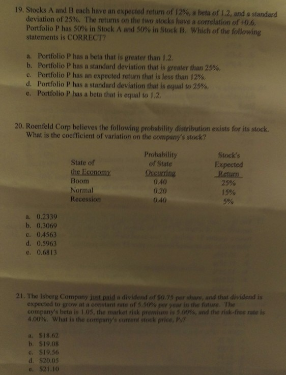 Solved 19. Stocks A and B each have an expected return of | Chegg.com