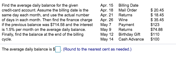 Solved Find the average daily balance for the given credit | Chegg.com