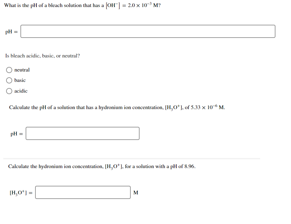 Solved What is the pH of a bleach solution that has a [OH-] | Chegg.com