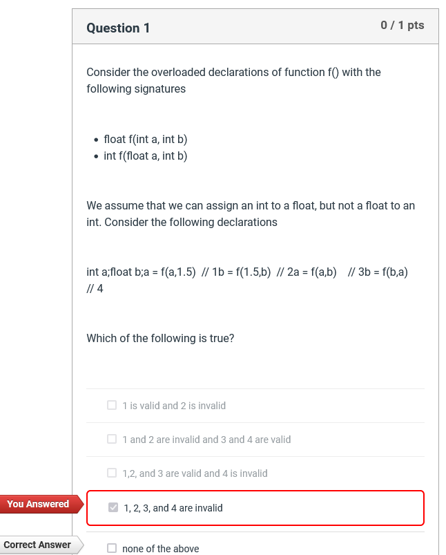 Solved Consider the overloaded declarations of function f( ) | Chegg.com