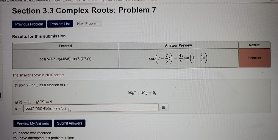 Solved Section 3.3 Complex Roots: Problem 7 Previous Problem | Chegg.com