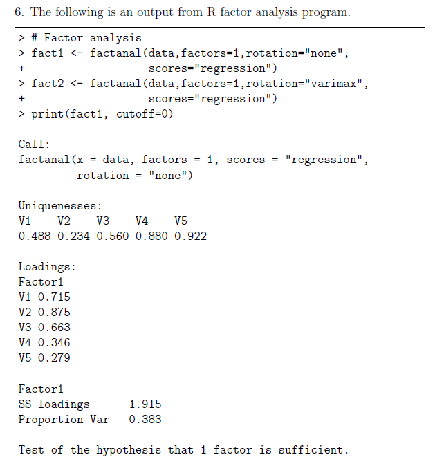6. The following is an output from R factor analysis | Chegg.com