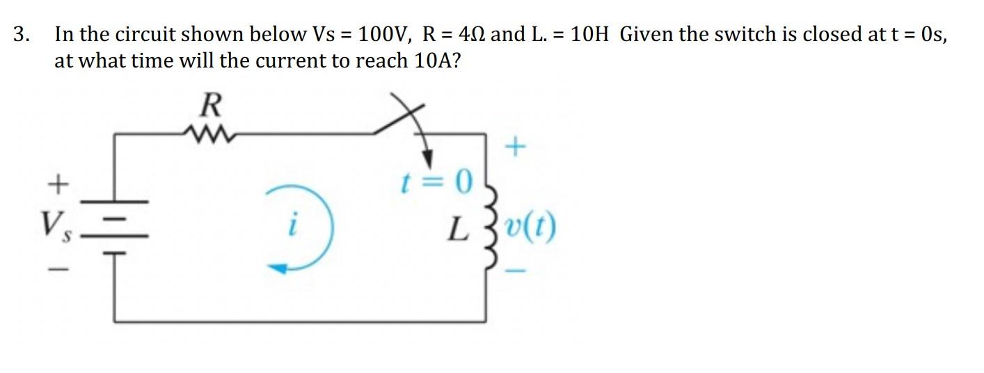 Solved 3. In the circuit shown below Vs=100 V,R=4Ω and L. | Chegg.com