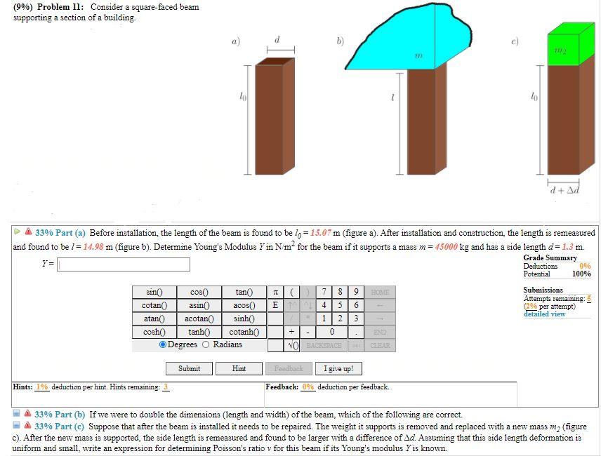 Solved (9%) Problem 11: Consider a square-faced beam | Chegg.com