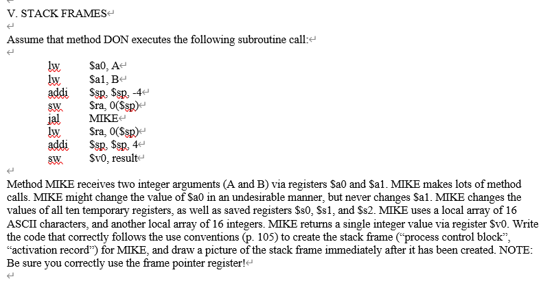 Solved V. STACK FRAMES الي Assume that method DON executes | Chegg.com