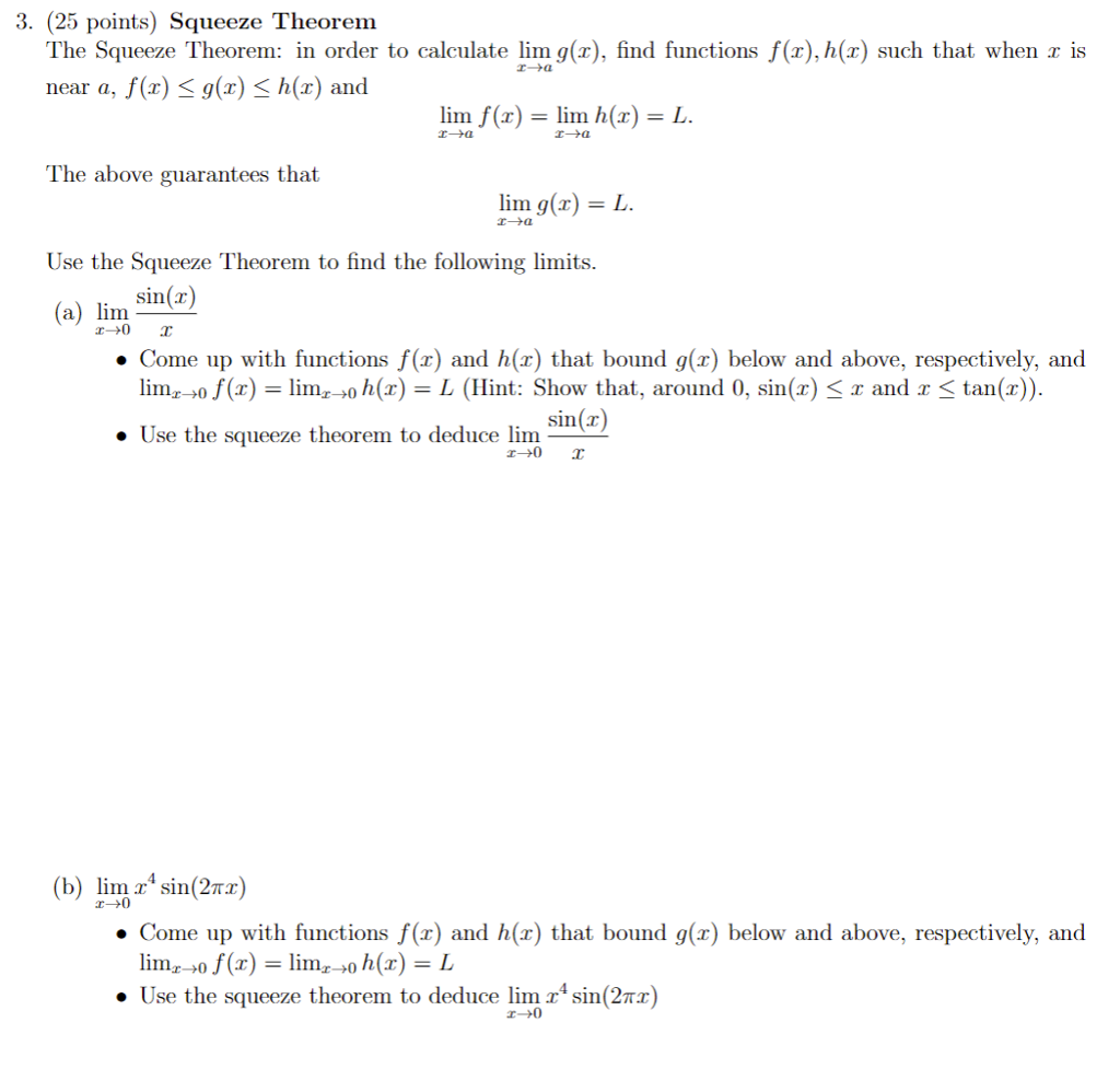 Solved 3. (25 points) Squeeze Theorem The Squeeze Theorem: | Chegg.com