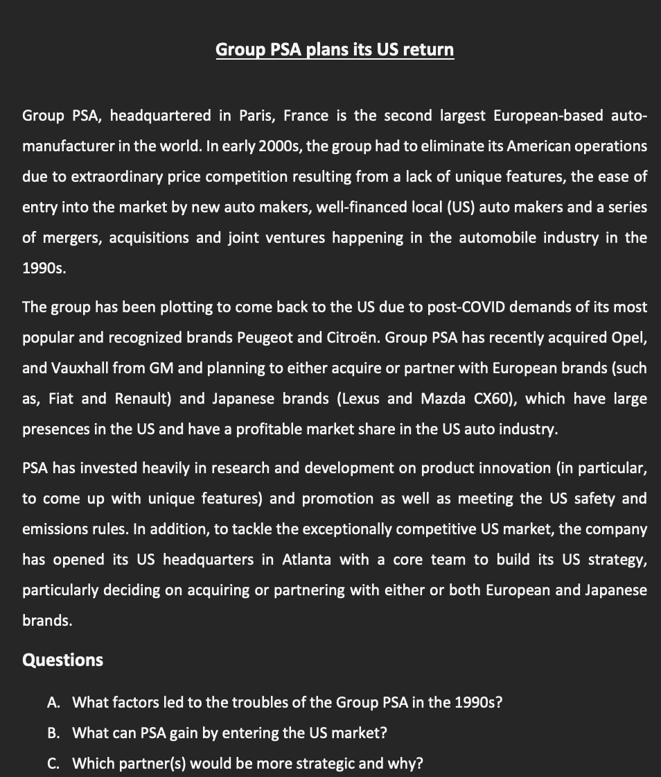 Group PSA, headquartered in Paris, France is the | Chegg.com