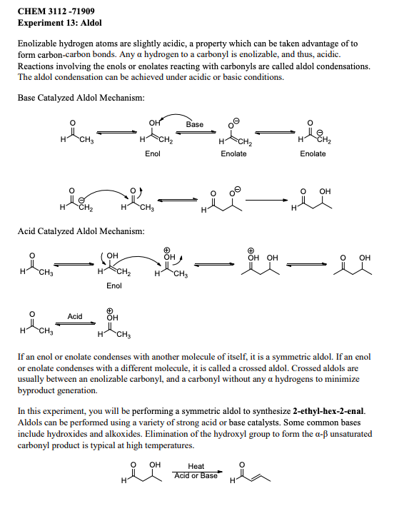 CHEM 3112-71909 Experiment 13: Aldol Enolizable | Chegg.com