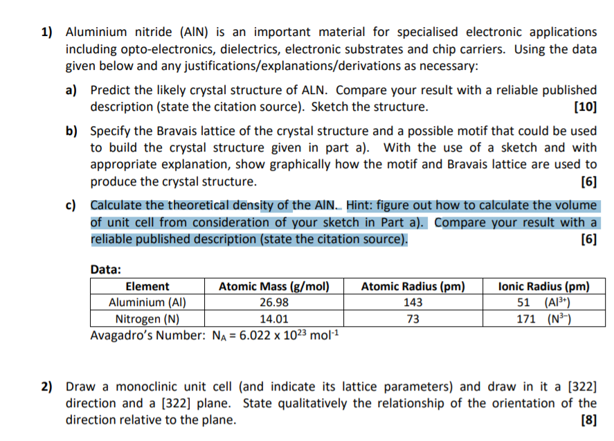 Solved 1) Aluminium nitride (AIN) is an important material | Chegg.com