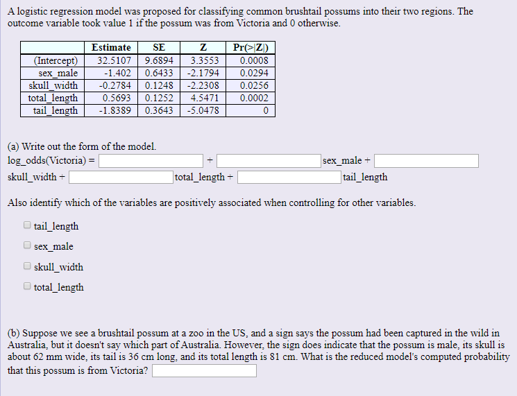 Solved A logistic regression model was proposed for | Chegg.com
