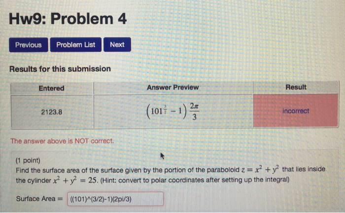 Solved Hw9: Problem 4 Previous Problem List Next Results for | Chegg.com
