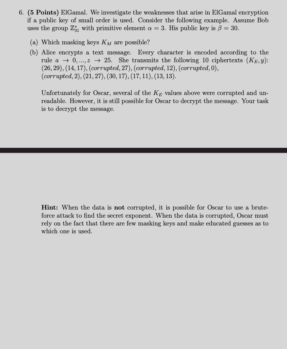 Solved 6. (5 Points) ElGamal. We investigate the weaknesses | Chegg.com