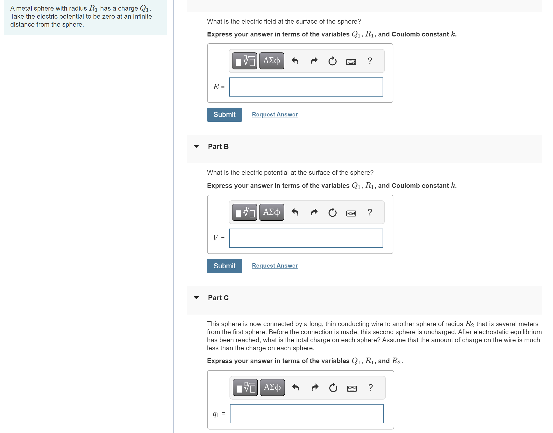 Solved A metal sphere with radius R1 has a charge Q1. Take | Chegg.com