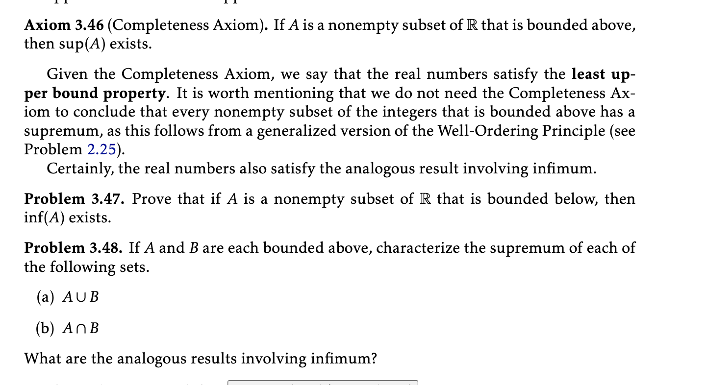 Solved Axiom 3.46 (Completeness Axiom). If A is a nonempty | Chegg.com