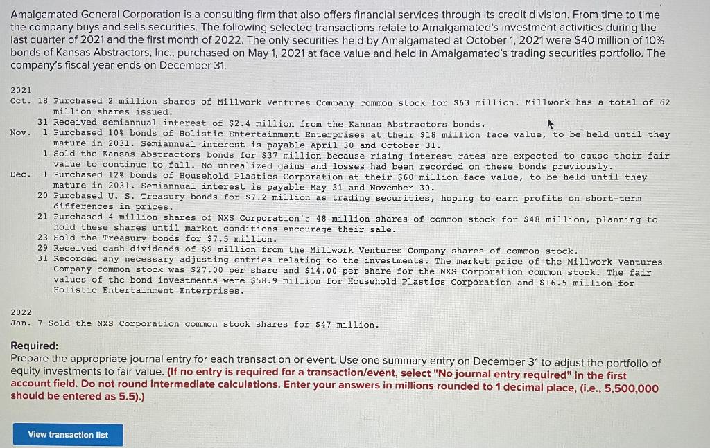 Solved Transaction list: Record the purchase of 2 million | Chegg.com