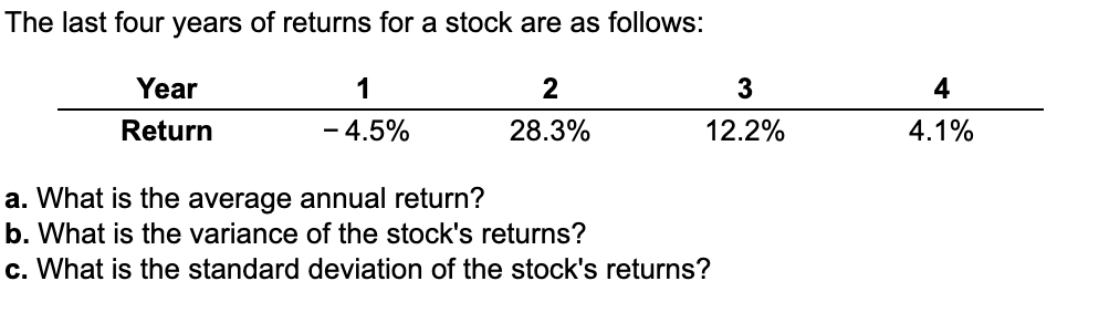 Solved The last four years of returns for a stock are as | Chegg.com