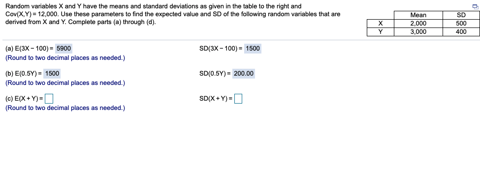 Solved Random variables X and Y have the means and standard | Chegg.com