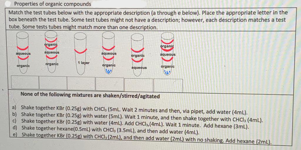 Solved Properties of organic compounds Match the test tubes | Chegg.com