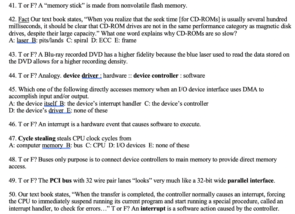Solved 41. T or F? A "memory stick" is made from nonvolatile | Chegg.com